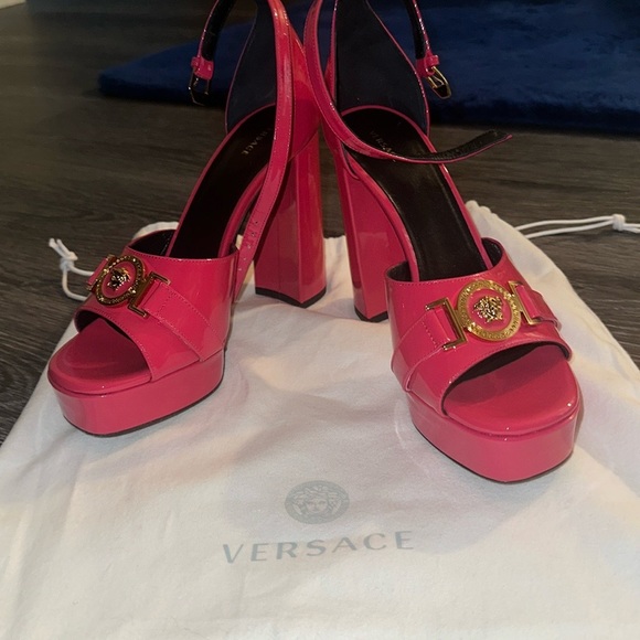 Versace | Shoes | Versace Pink And Gold Glossy Strap Heels | Poshmark